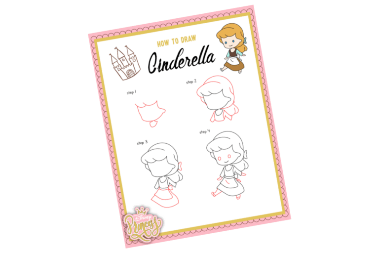 How To Draw Cinderella (step by step tutorial with free printable)